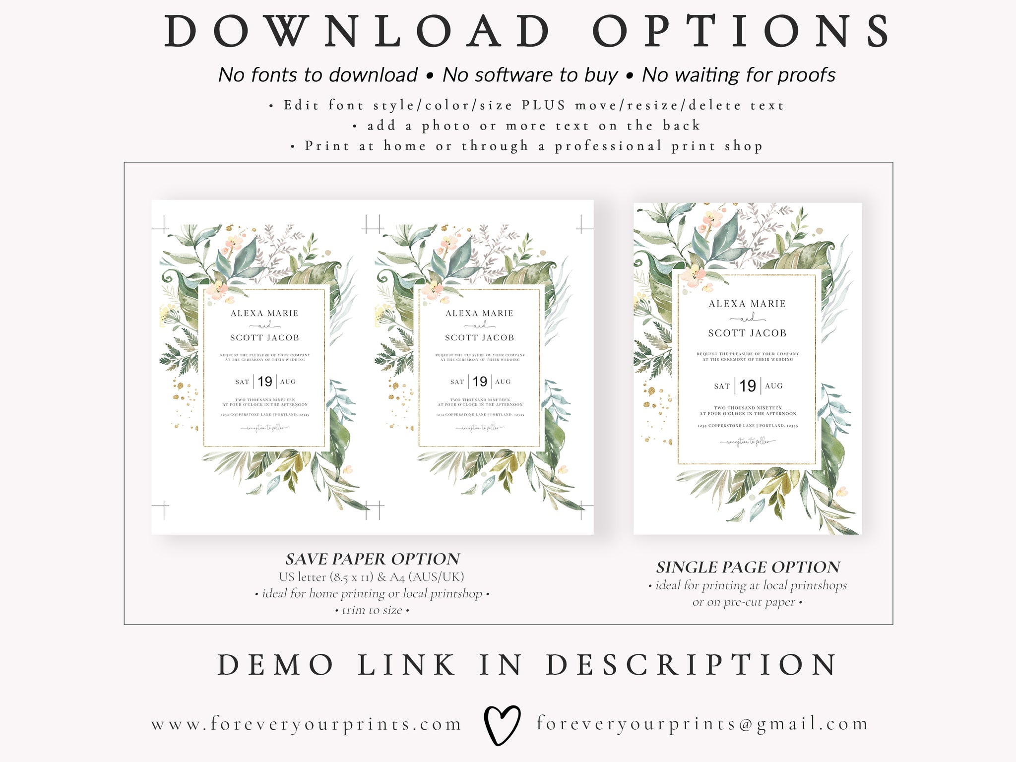Modern Greenery Wedding Invitation | Forever Your Prints