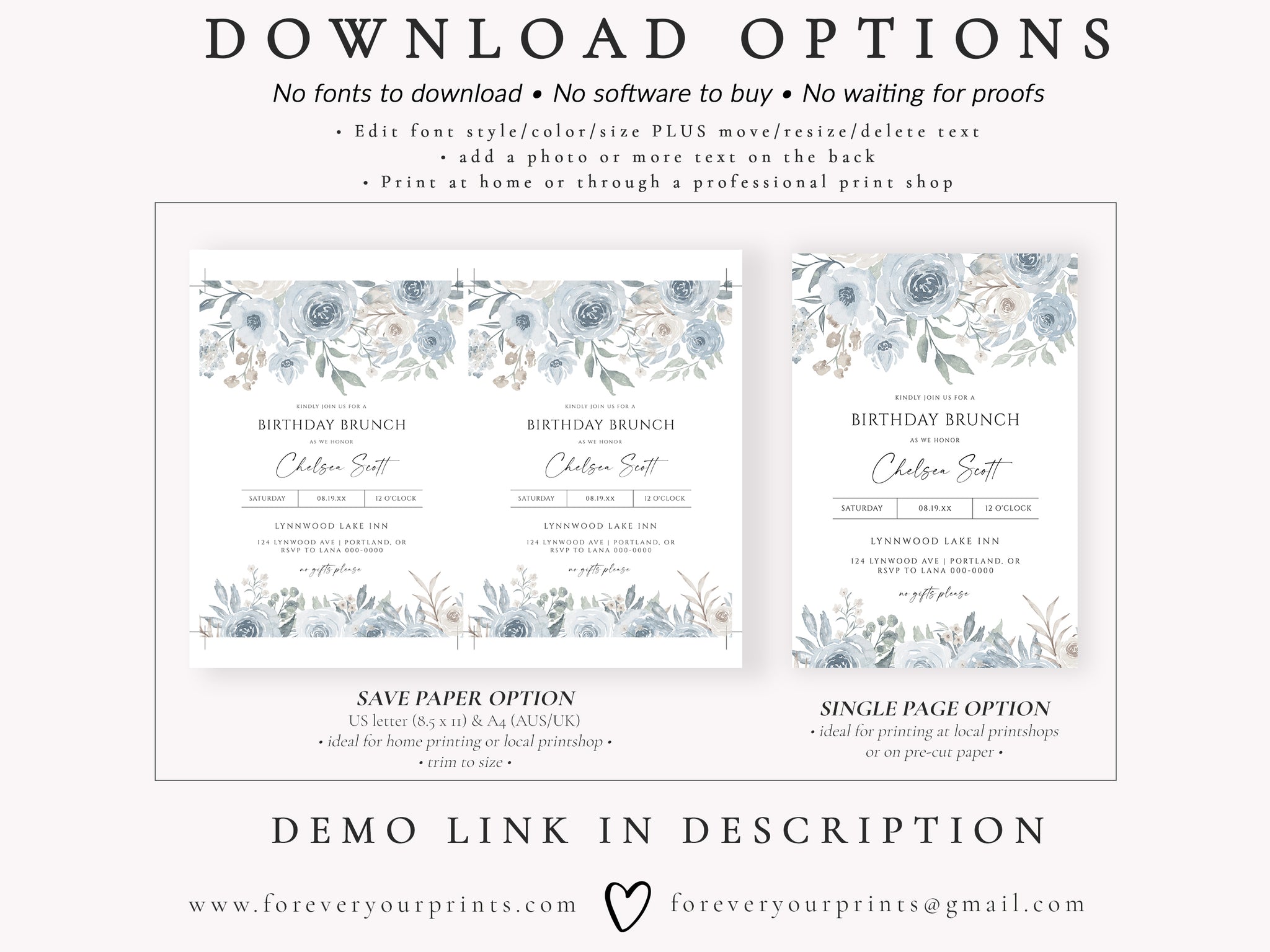 Pastel Blue Floral Birthday Invitation | Forever Your Prints